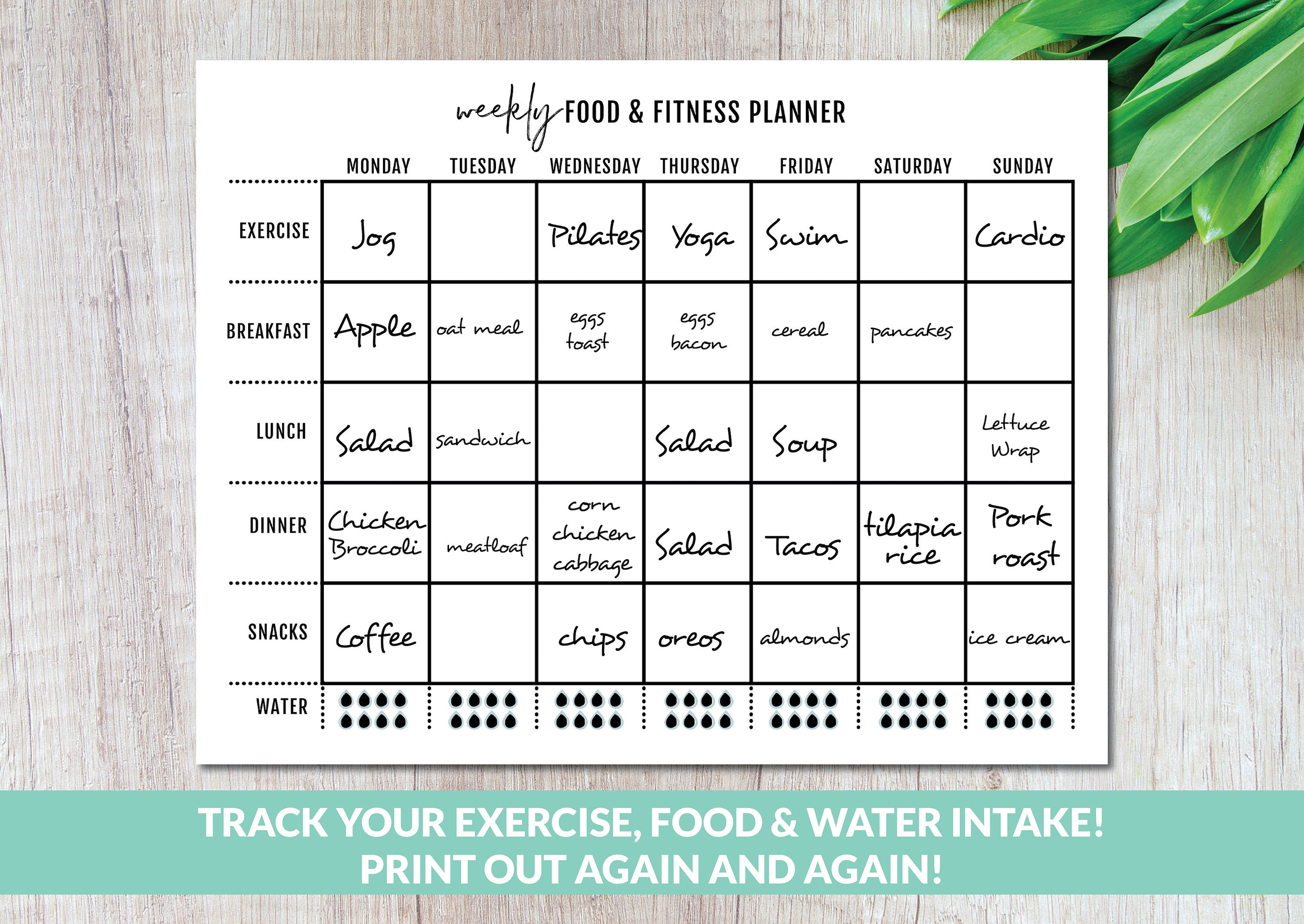 Weekly Food & Exercise Tracker | Printable Worksheet | Food Log | Food ...