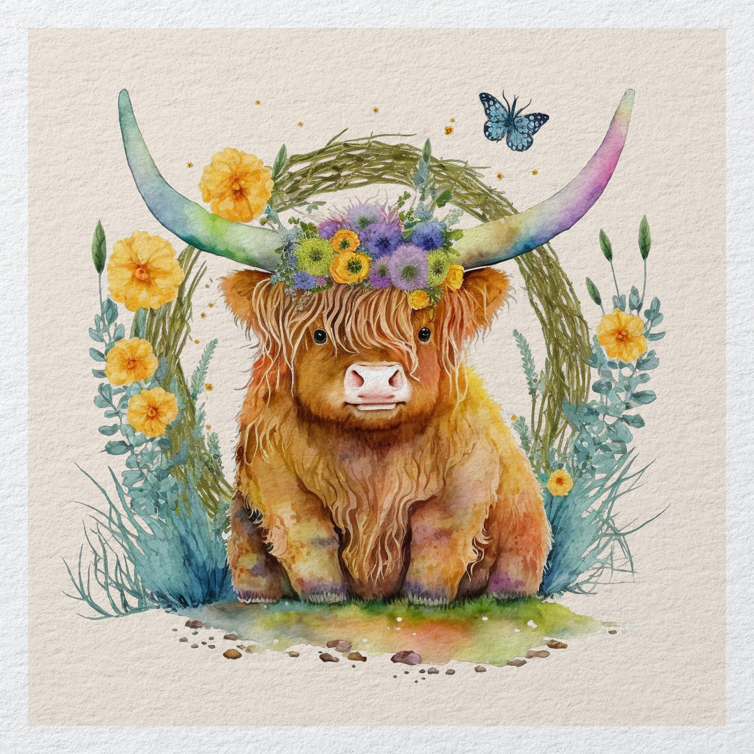 Highland Cow Spring Flower Baby- Fabric Panels Cushion Panels Velvet ...