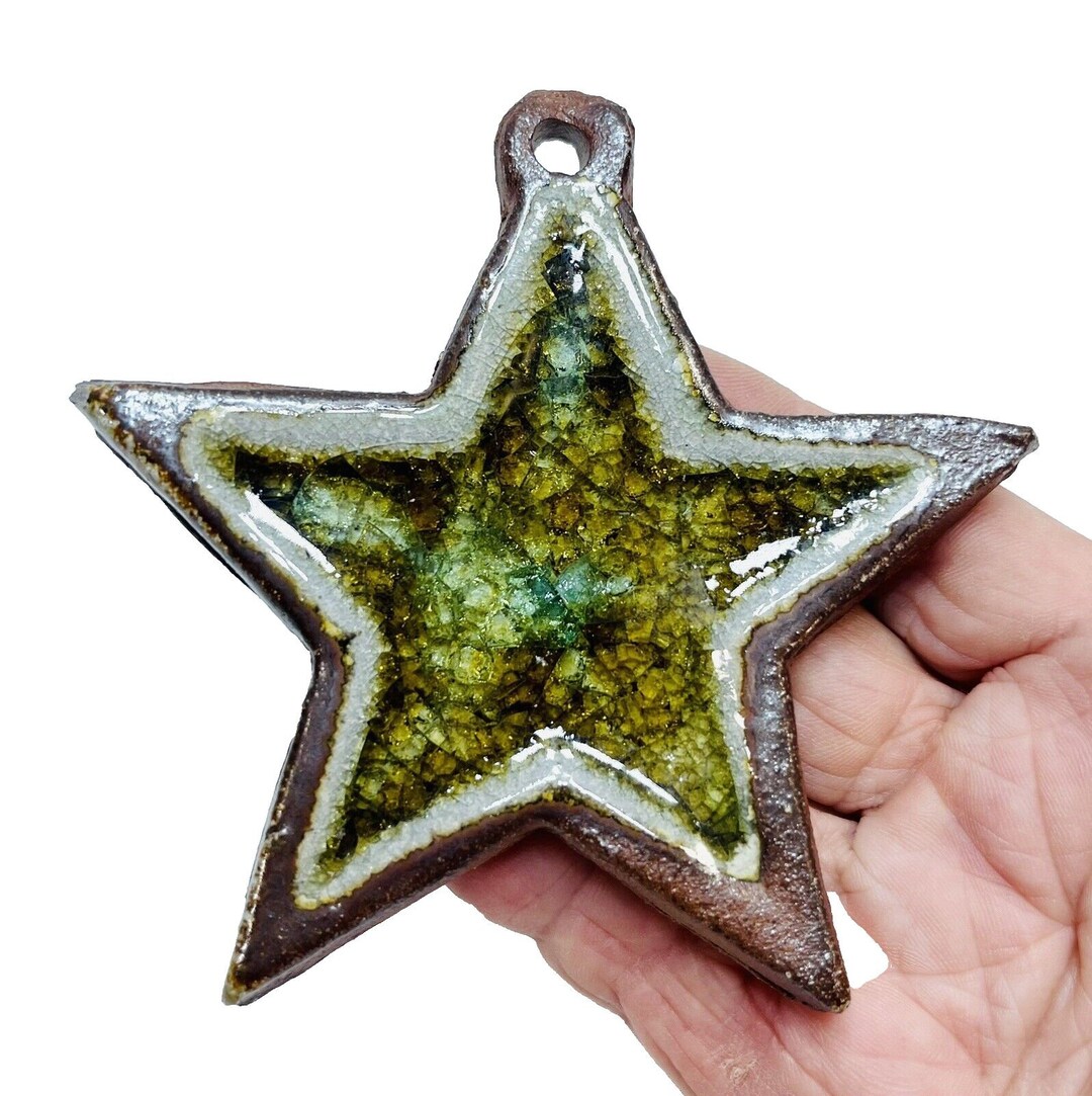 Vintage BUCK POTTERY Brown Stoneware Crackle Glass Star Ornament Gruene ...