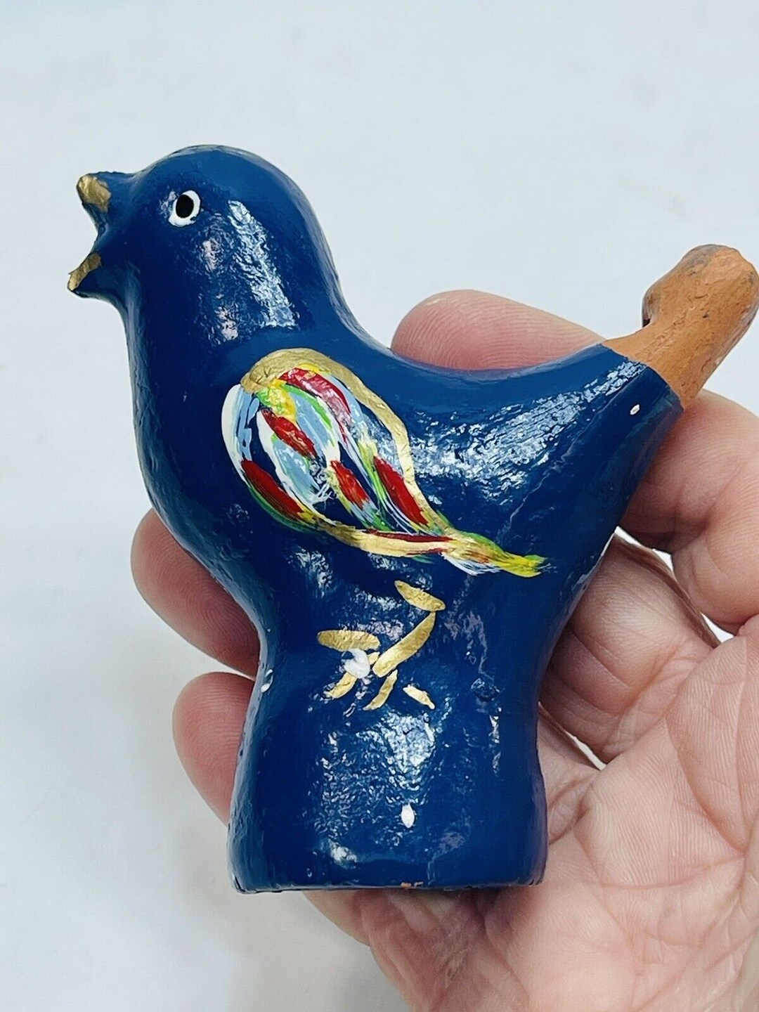 Vintage Pottery Clay Blue Bird Whistle; Hand Painted Folk Art Figurine ...
