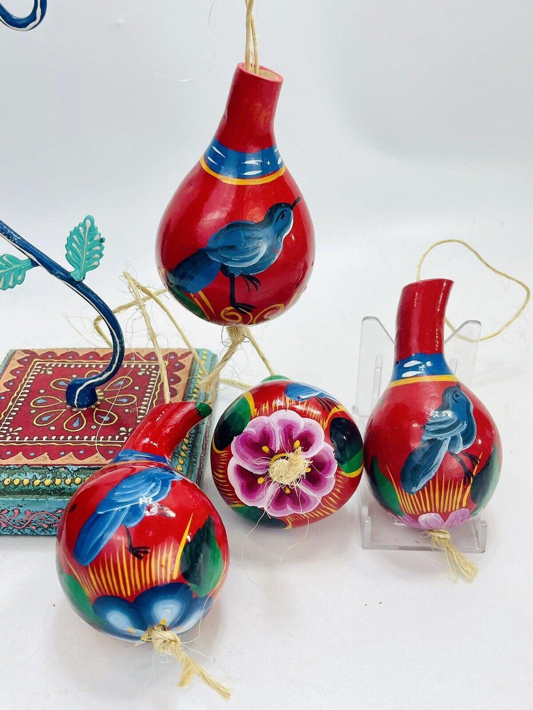 Mexican Hand Painted Mini Gourd Ornaments Floral Birds Hanging ...