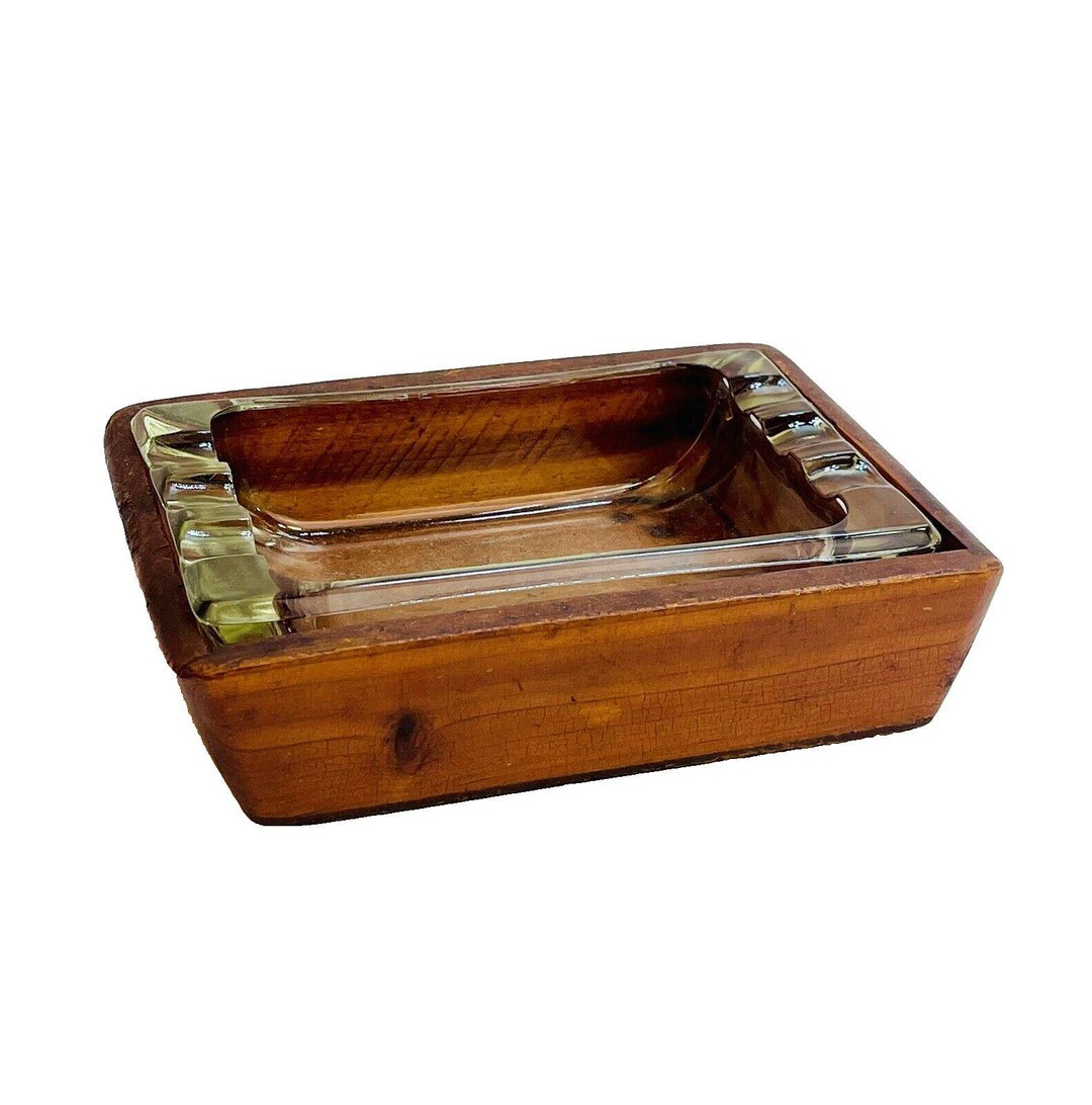 Vintage Cedar Wood Base ASHTRAY Glass Cigarette Cigar Pipe Dish LARGE ...