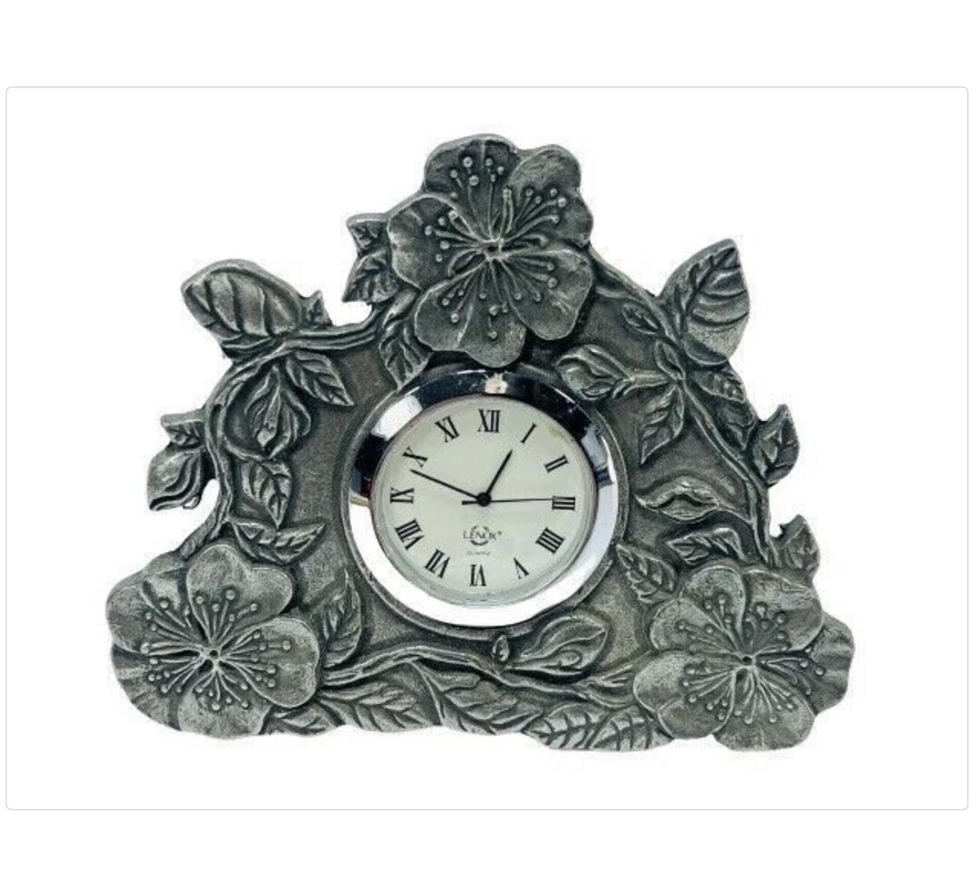 LENOX KIRK STIEFF Pewter Clock Floral Poppy Flowers Desk Clock Shelf ...