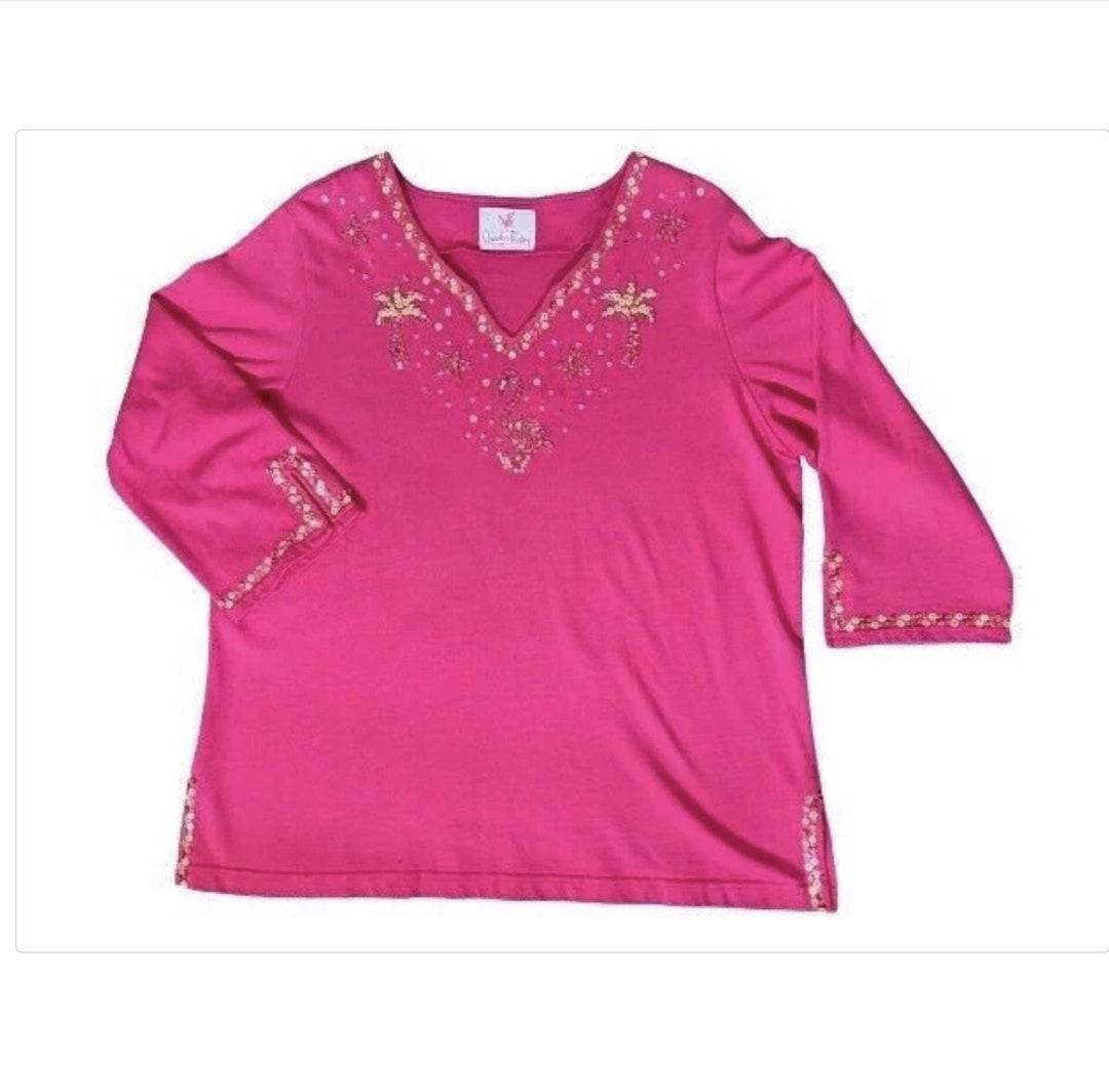 QUACKER FACTORY Knit Top XL Pink Pullover; Flamingo Palm Stars Sequins ...