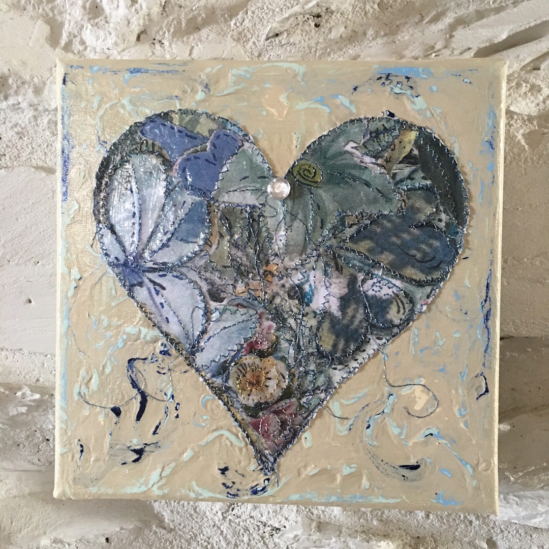 Fiddlestitch Blue Heart Canvas for a Wedding Gift, Engagement ...