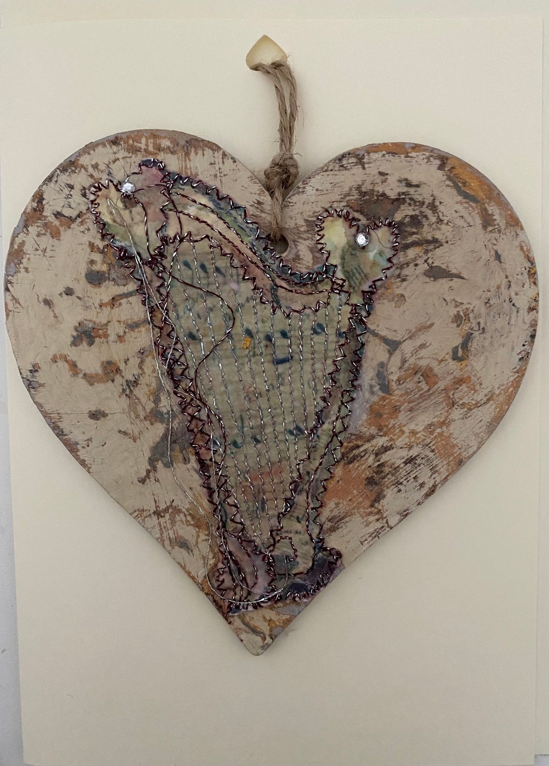 Fiddlestitch Harp Heart, Wooden Harp Hanging Heart & Card. Stitched ...