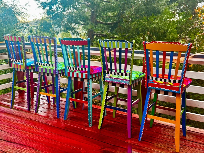 Crazy Colorful Bar Stools. Hand Painted. Upholstery Custom Made .your ...