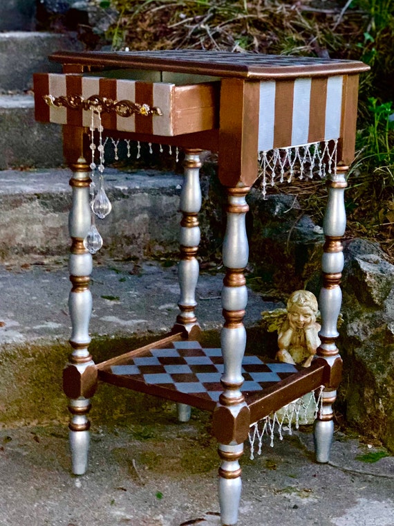 Two Tiered Side Table Living or Bedroom. Bronze and Silver Metallic With Drop Beads vintsge Hardware Sassy Tacks and Drop Tassel Etsy
