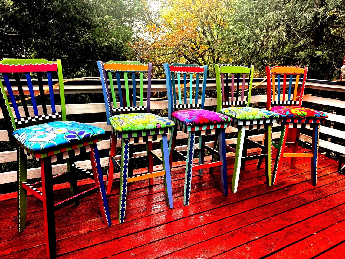 Crazy Colorful Bar Stools. Hand Painted. Upholstery Custom Made .your ...