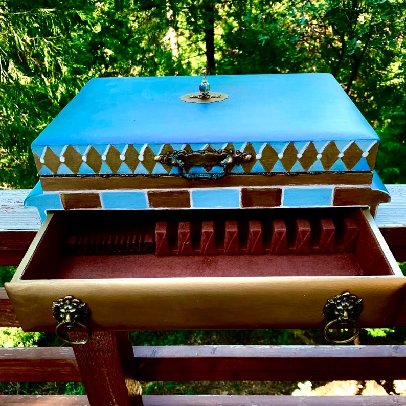Hand Painted Vintage Silverware Box: Bronze & Blue Dining Ware Holder ...