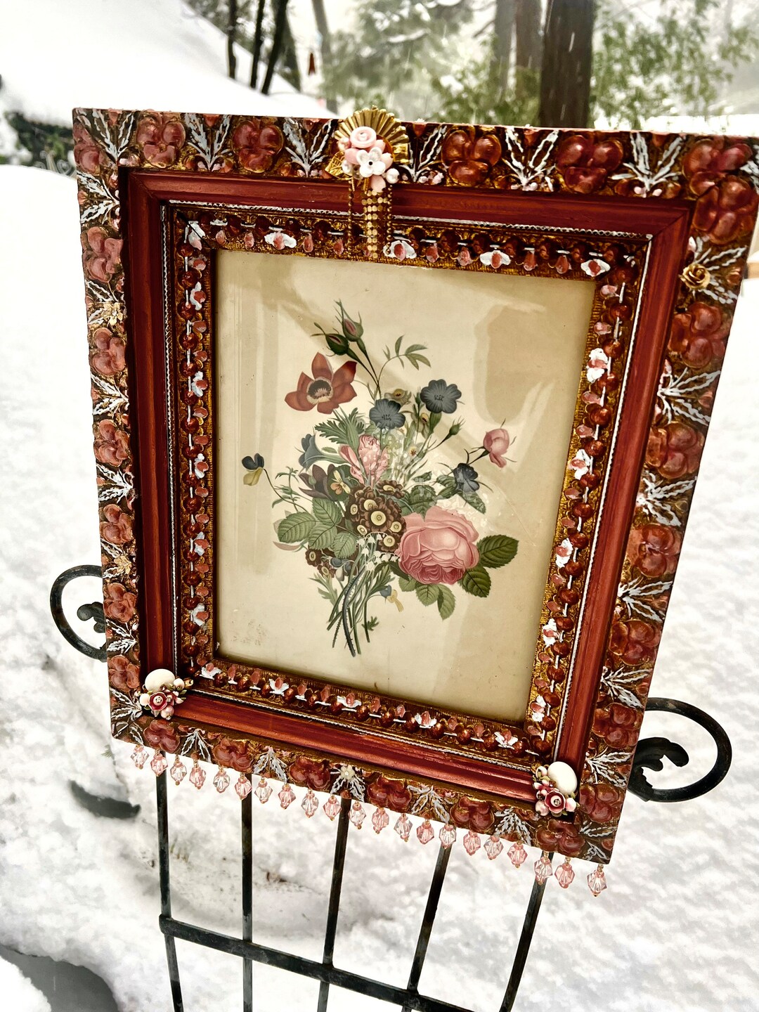 Antique Hand Painted Frame . With Vintage Jewelry . One of a Kind Made ...