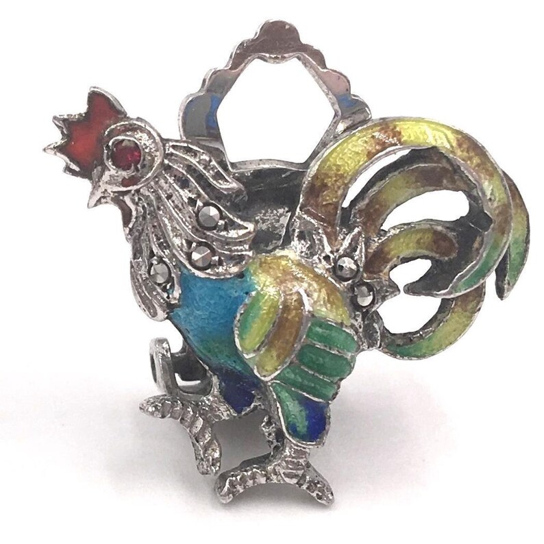 Vintage Sterling Silver Enamel Marcasite Garnet Germany Rooster ...