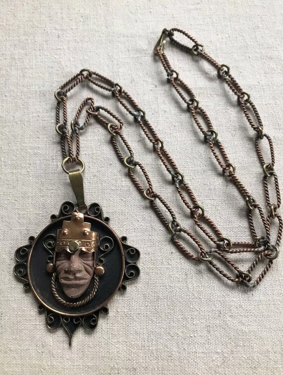 Vintage Aztec Warrior Pendant Necklace: Copper & Bras… - Gem