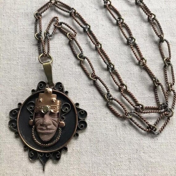 Vintage Aztec Warrior Pendant Necklace: Copper & Bras… - Gem