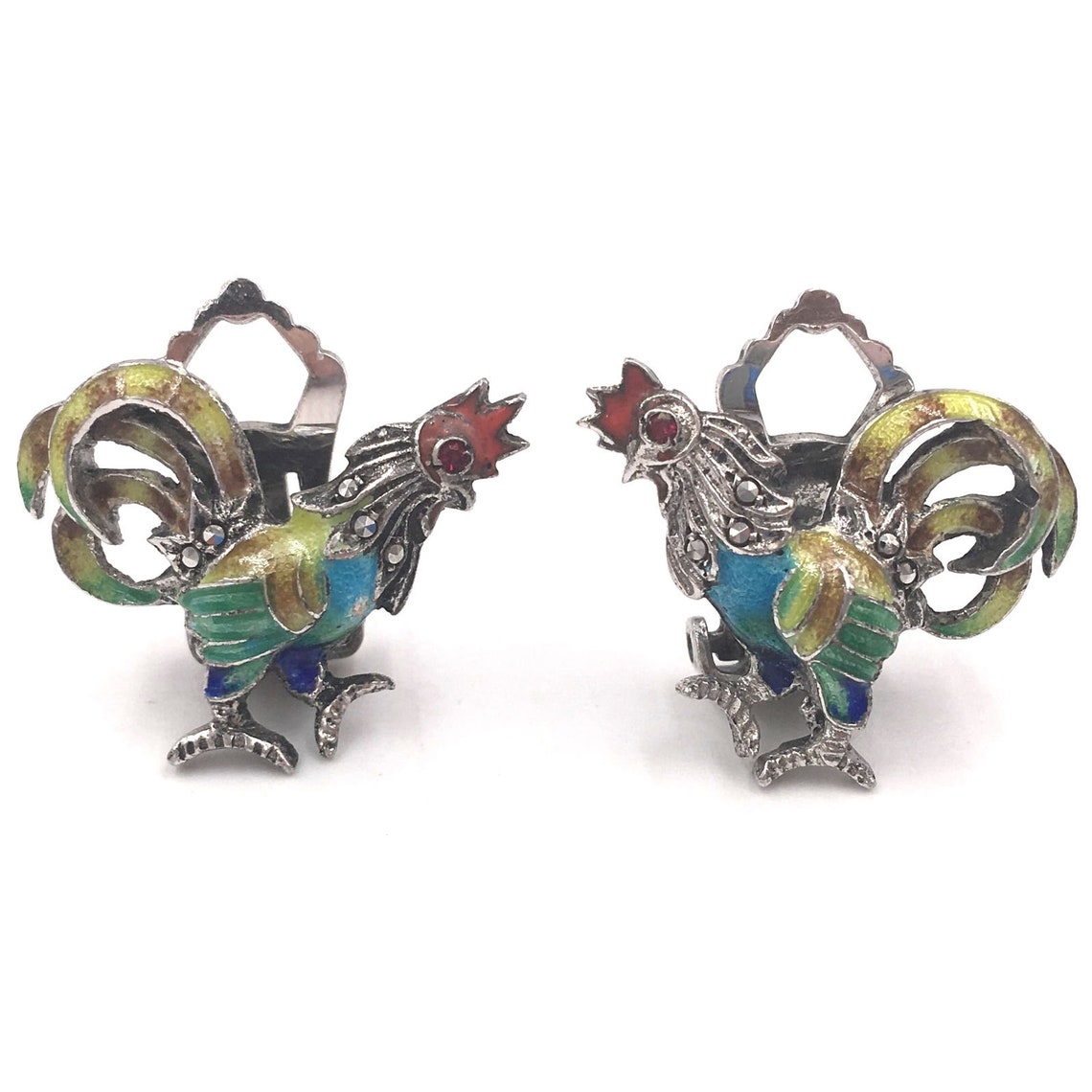 Vintage Sterling Silver Enamel Marcasite Garnet Germany Rooster ...
