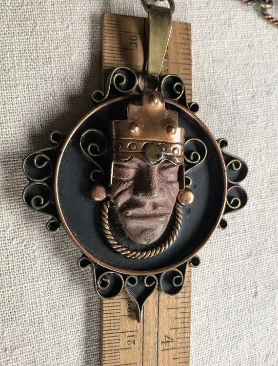 Vintage Aztec Warrior Pendant Necklace: Copper & Bras… - Gem