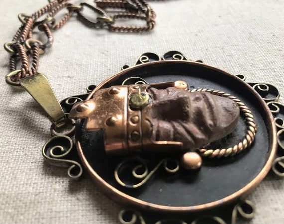 Vintage Aztec Warrior Pendant Necklace: Copper & Bras… - Gem