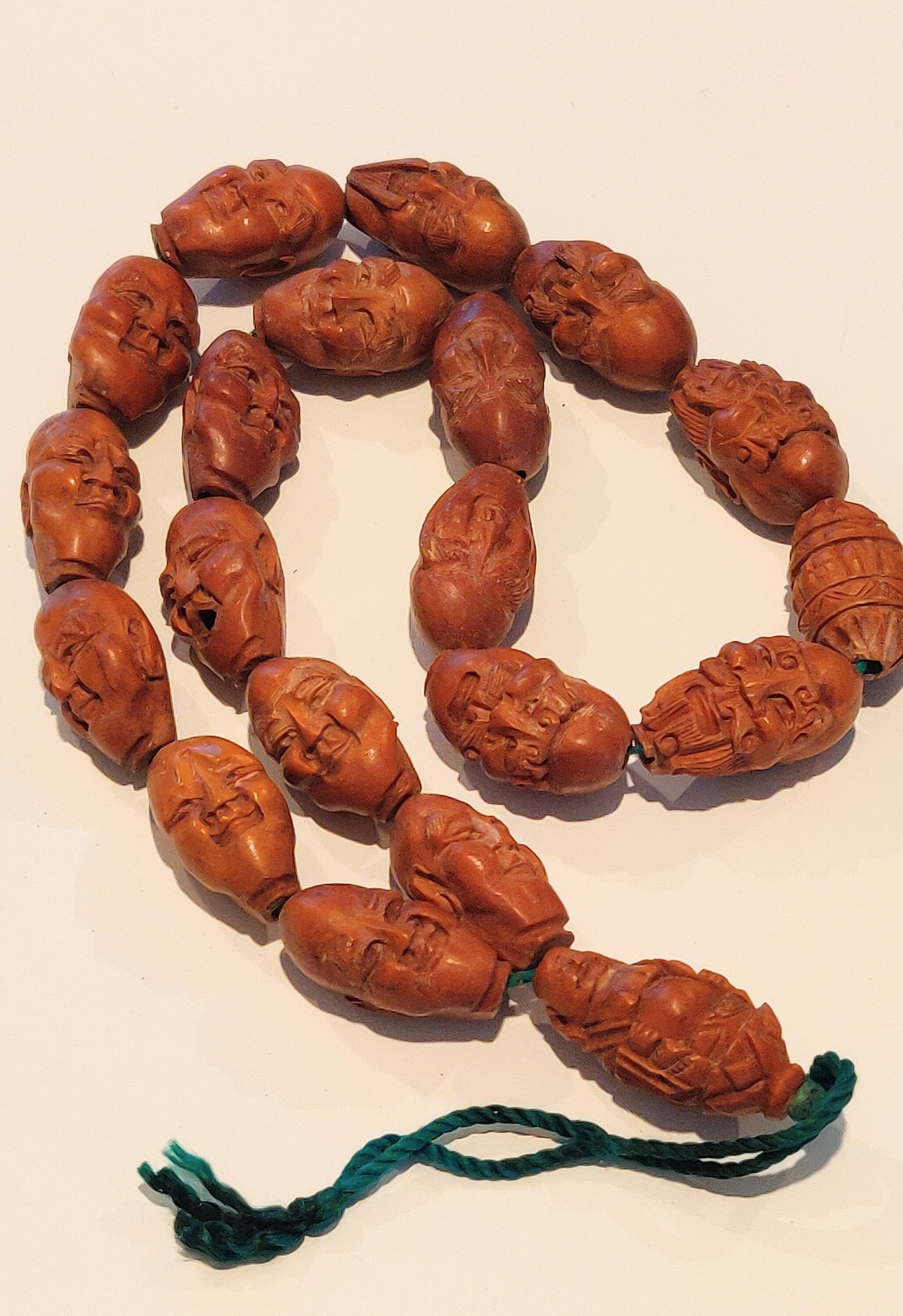 Antique Vintage Chinese Carved Olive Hediao Pit Nut Bead Necklace Lohan ...