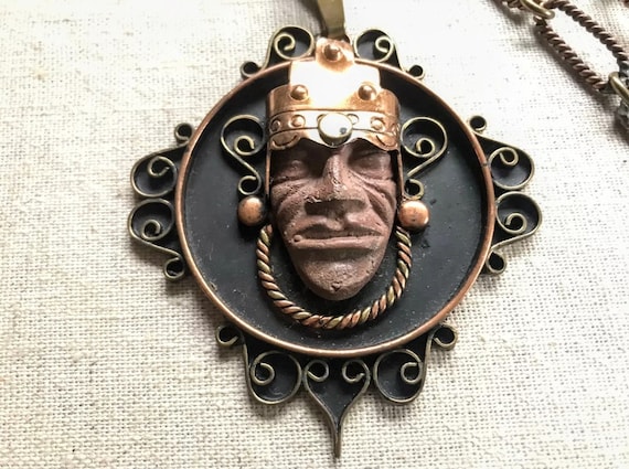 Vintage Aztec Warrior Pendant Necklace: Copper & Bras… - Gem