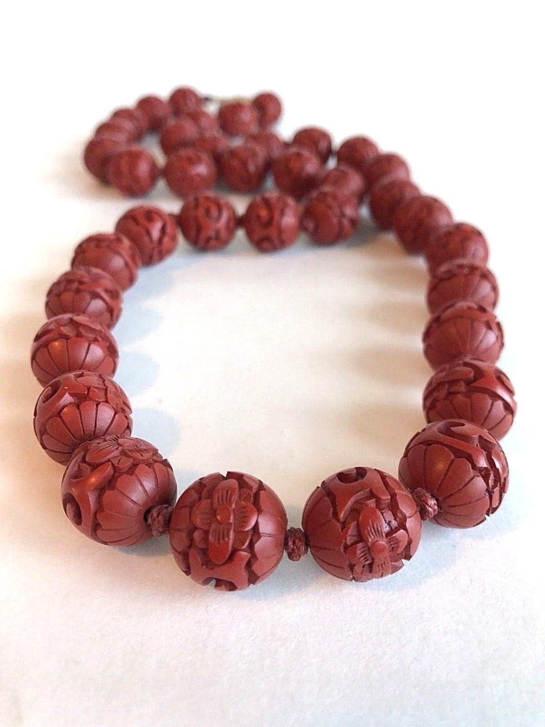 Antique Carved Cinnabar Bead Necklace: Hand-knotted Asian Design - Etsy
