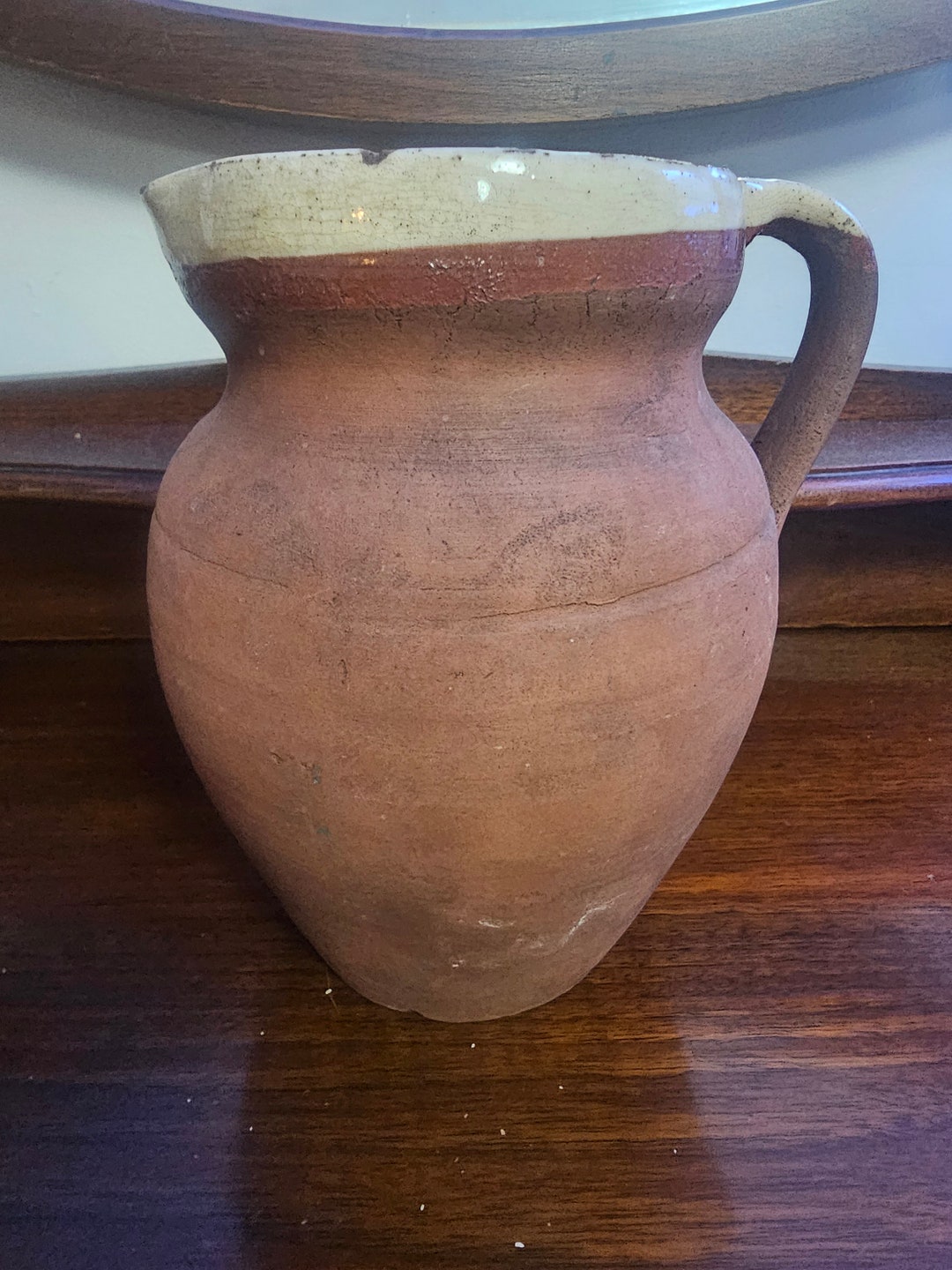 Antique Terracotta Jug, Royal Barum Ware, Cream Slip Glazed Rim, Glazed ...
