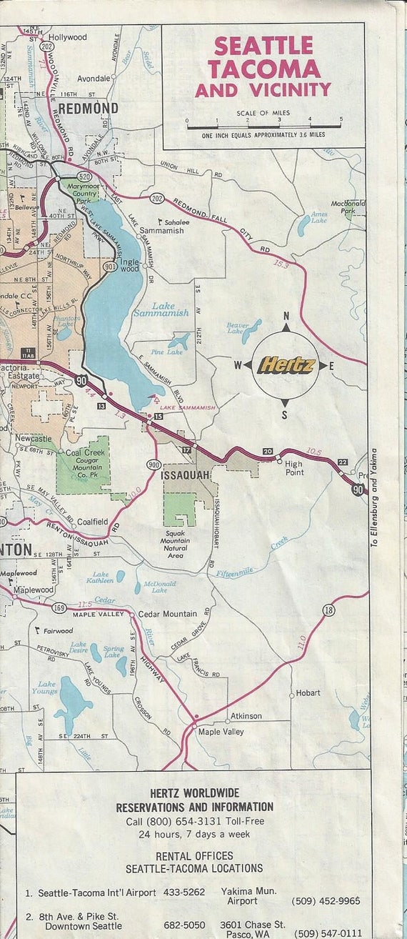 Vintage 1990 Seattle/ Tacoma Highway and Tourist Map by Hertz | Etsy