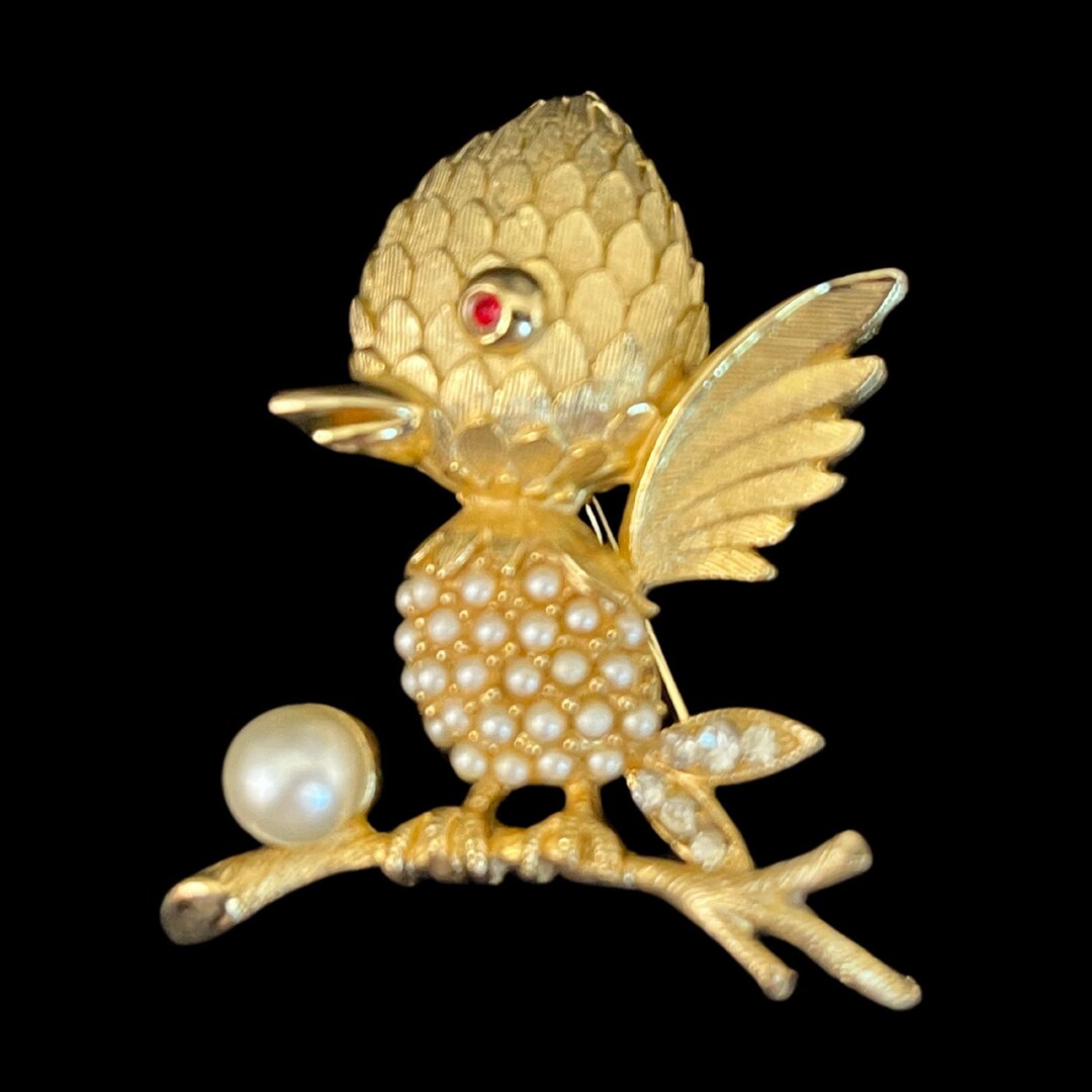 Vintage Tortolani Bird on Branch Brooch or Pin - Gold Tone, Red ...