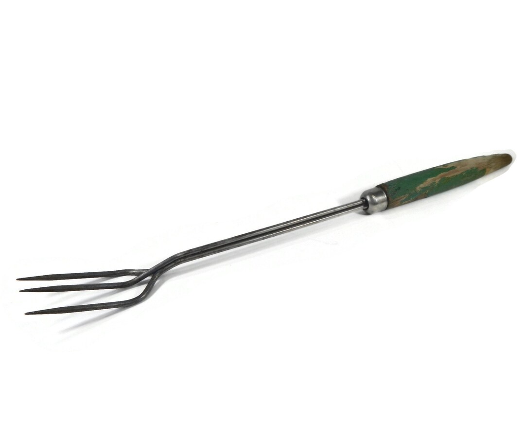 Vintage Green Wooden Handle Meat Serving Fork - Metal, Painted Wood ...
