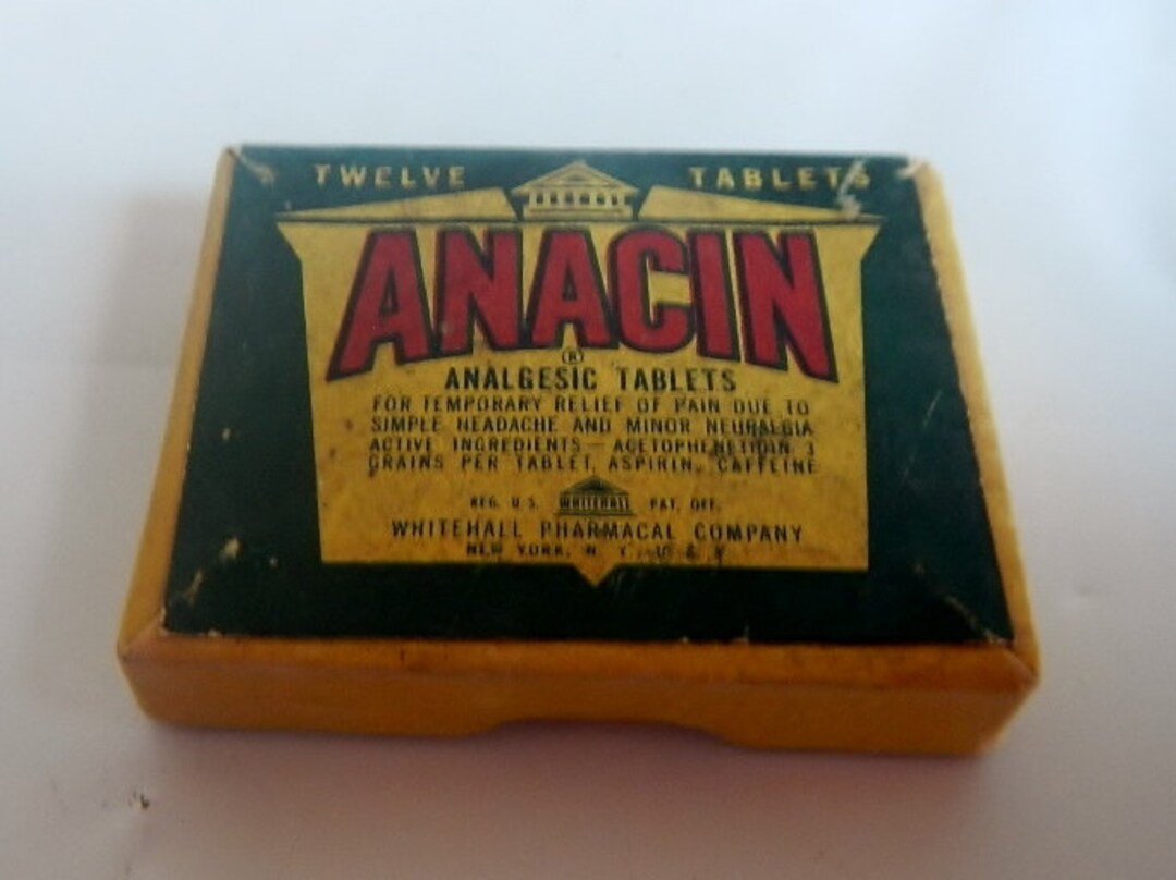 Vintage Anacin Cardboard Box 12 Tablets, Whitehall Pharmacal Co. 1940s ...