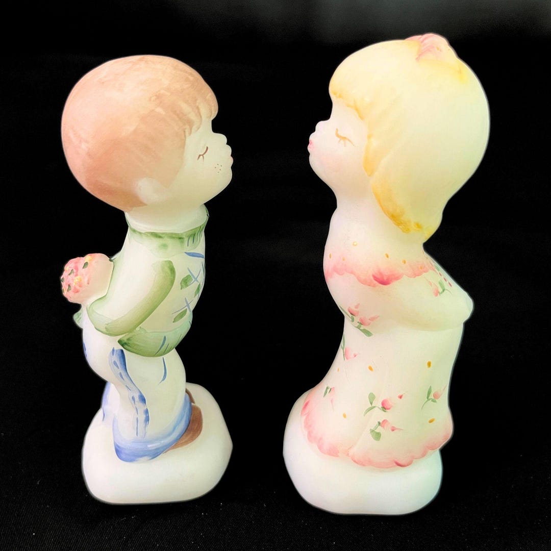 Vintage Fenton Kissing Boy & Girl Figurines Pair, Satin Glass Hand ...