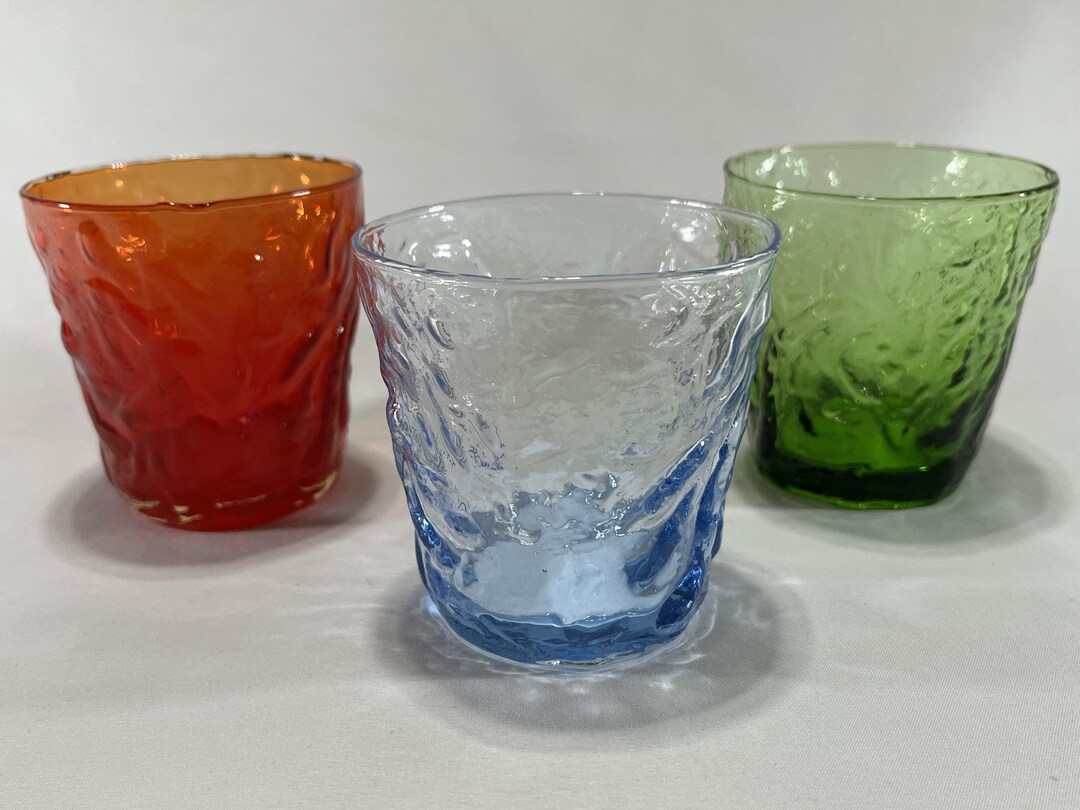Vintage Crinkle Glasses - Set of 3, Green, Red/orange, Light Blue ...