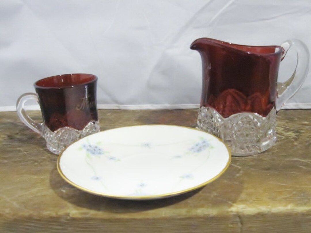 Antique Ruby Red Flash Souvenir Glass Creamer & Glass Mug With Plate ...