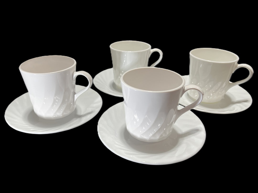 Vintage Corelle Enhancements White Swirl Cups & Saucers - Set of 4 of ...