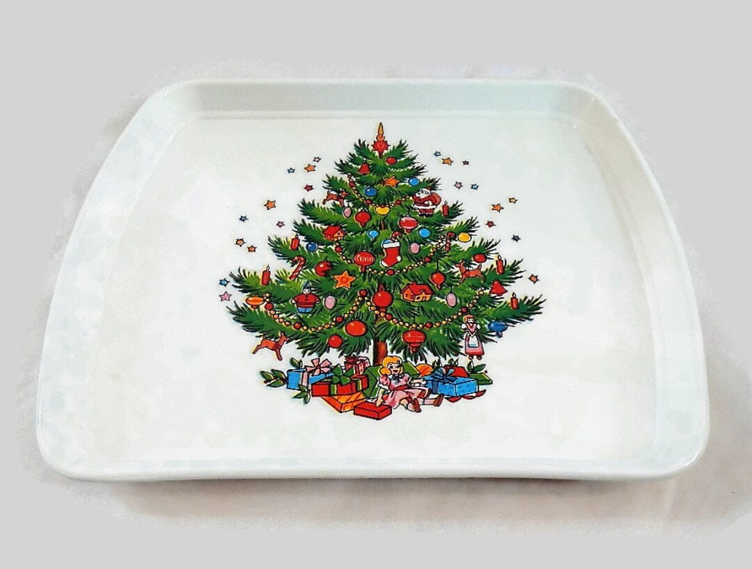 Vintage Plastic Christmas Tree Serving Tray - White, Multi-color ...