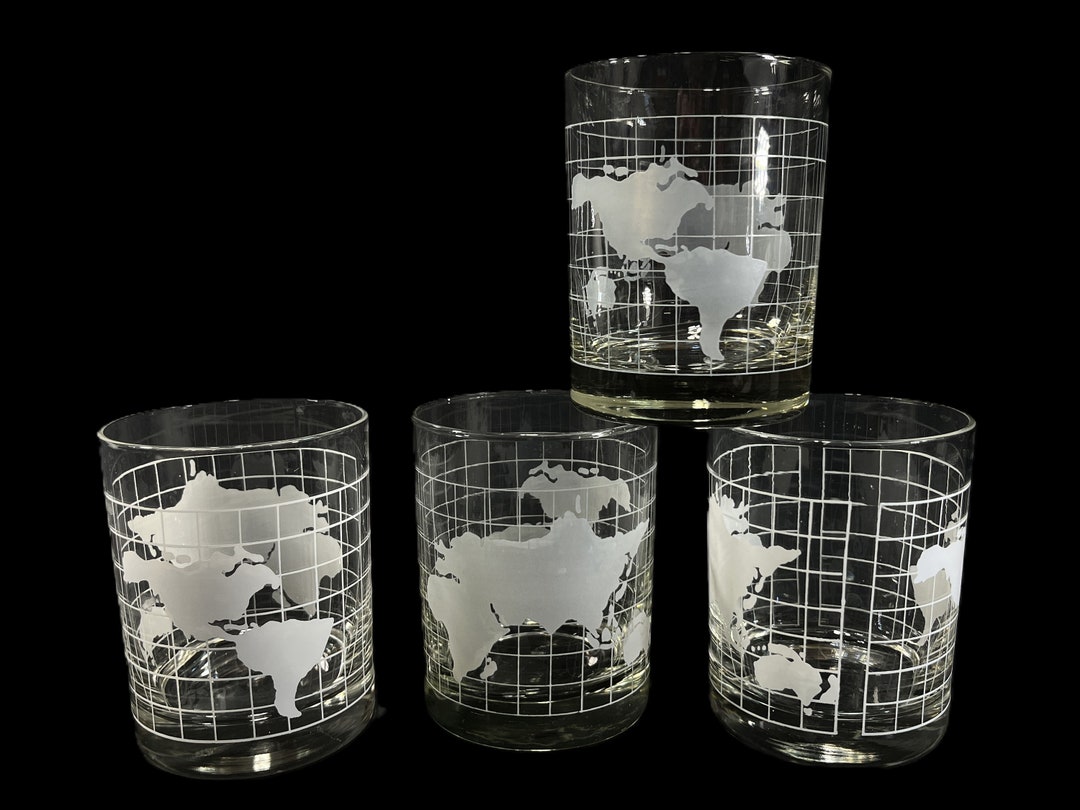 Vintage World Map Drinking Glasses, Set of 4 - Clear, Frosted Glass ...