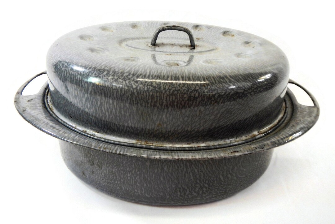 Vintage Small Gray Enamelware Roasting Pan - Grey, Mottled ...