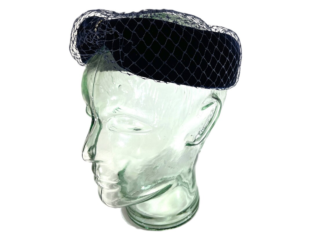 Vintage Navy Blue Hat Ring With Netting, Rhinestones - Ladies, Dressy ...