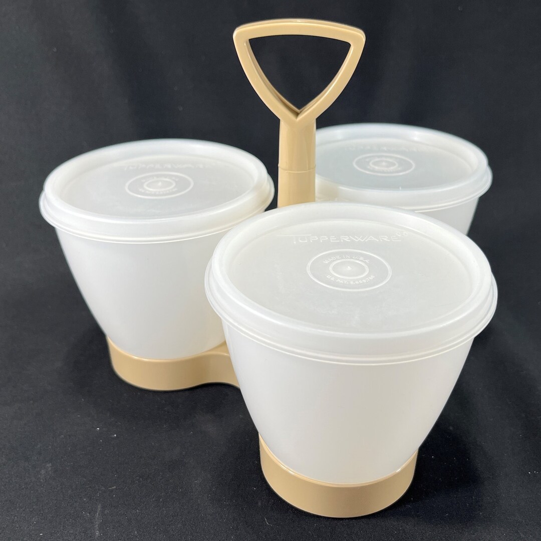 Vintage Tupperware Condiment Caddy Set Tan White Sheer 757 758 733 Ketchup Catsup