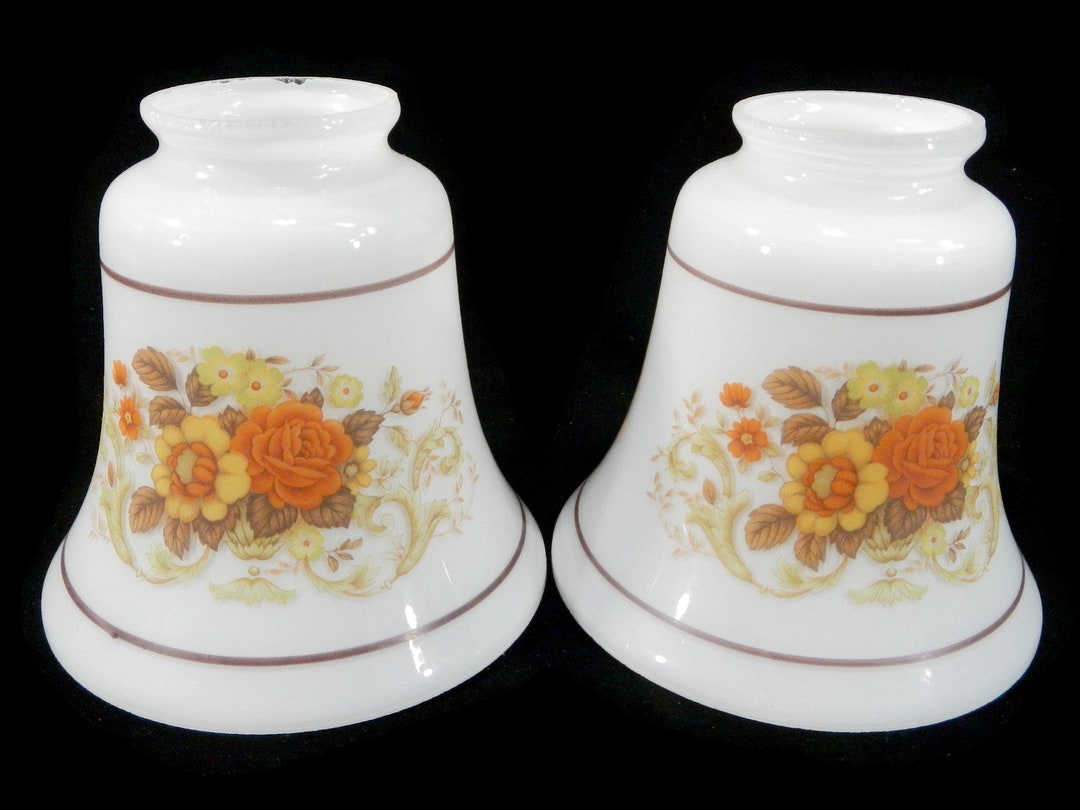 Vintage Bell Shaped Lamp Shades - Set of 2, Milk Glass, Floral Design ...