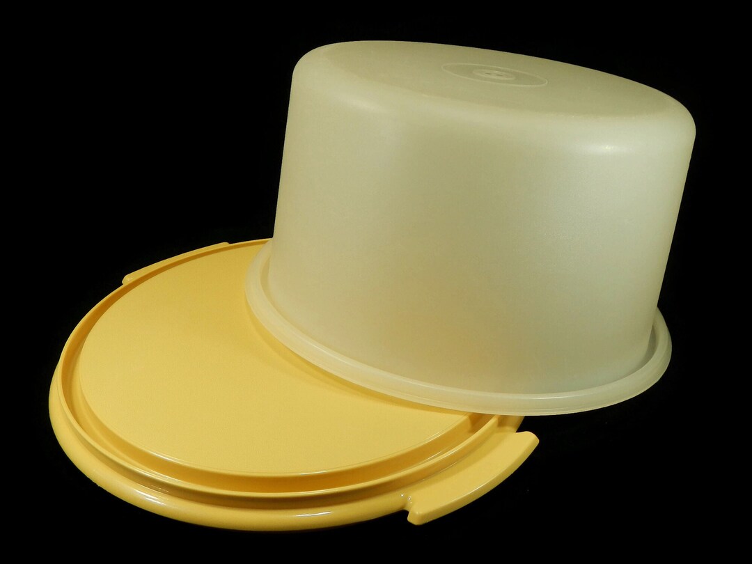 Vintage Tupperware 10" Round Cake Taker, Lid - Sheer, Harvest Gold Base ...