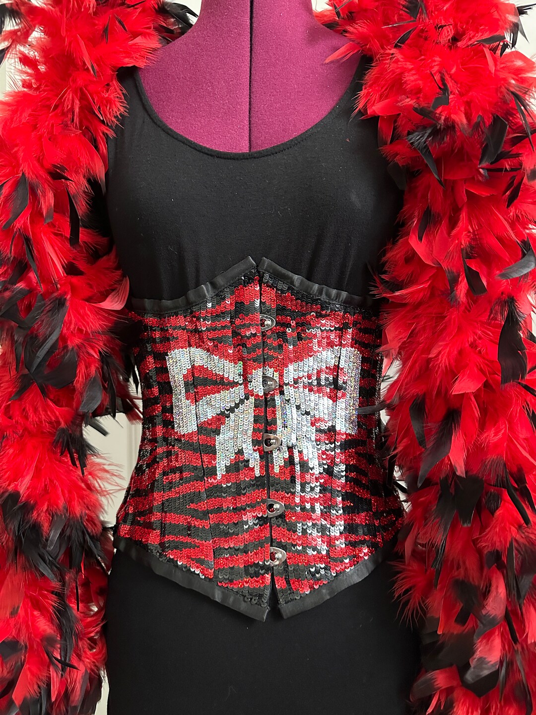 Red and Black Tiger Stripe Silver Bow Burlesque Full Sequin Steel Boned ...