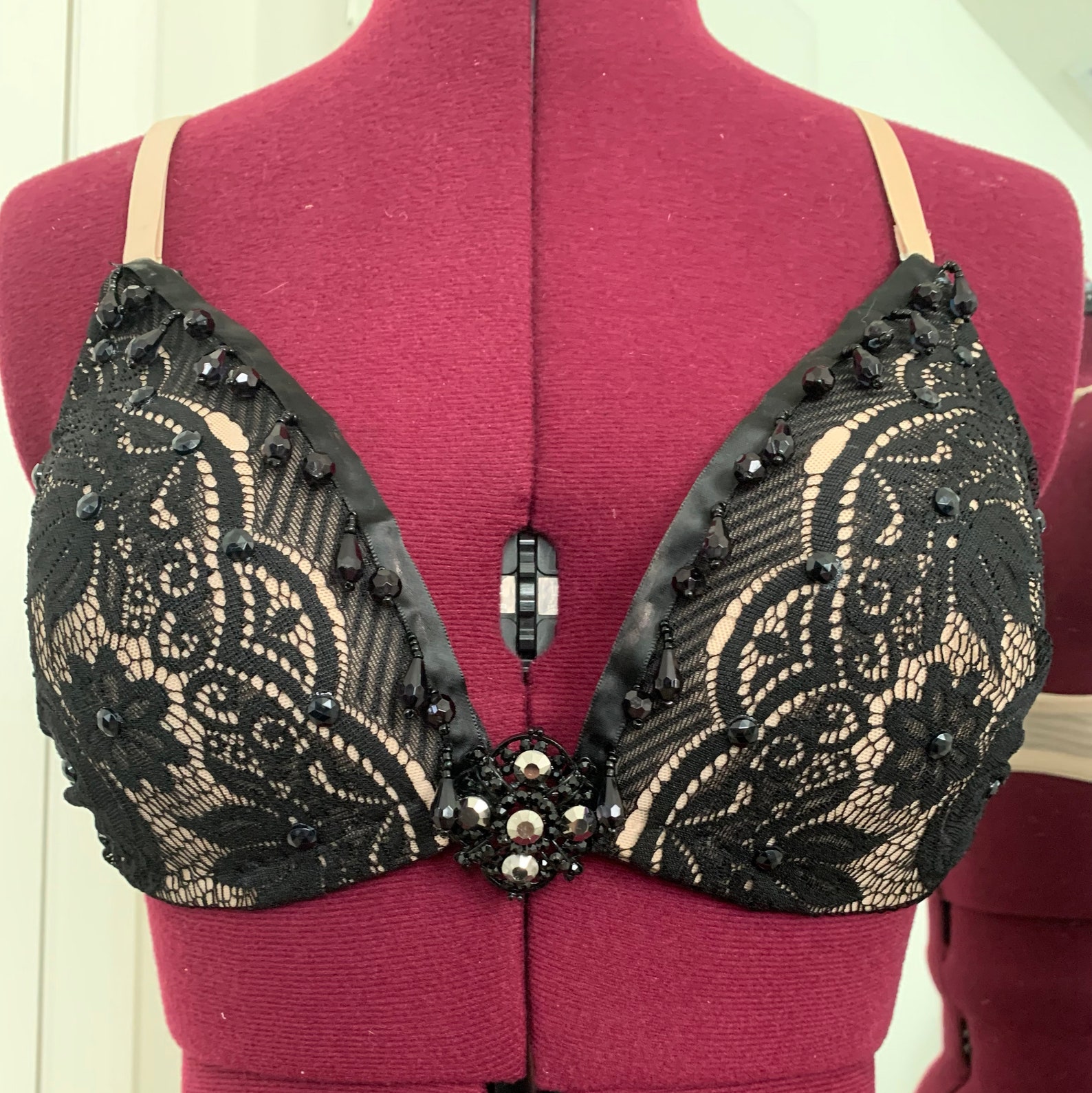 32D Black Lace Burlesque Showgirl Rhinestone Beaded Fringe Top - Etsy
