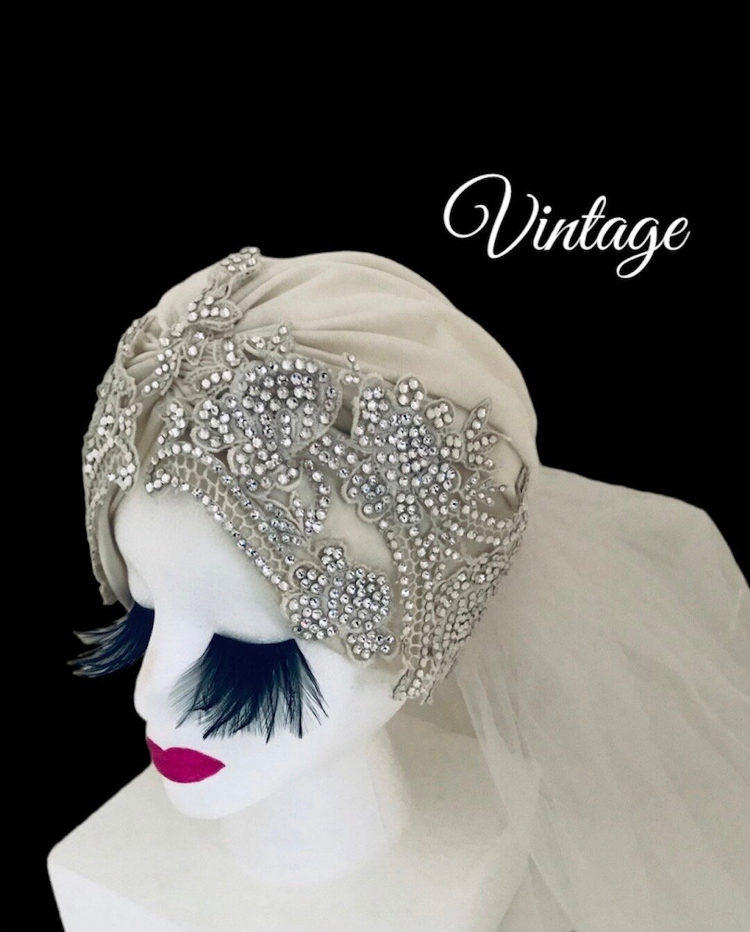 Vintage White Wedding Turban Veil W/swarovski Crystals - Etsy