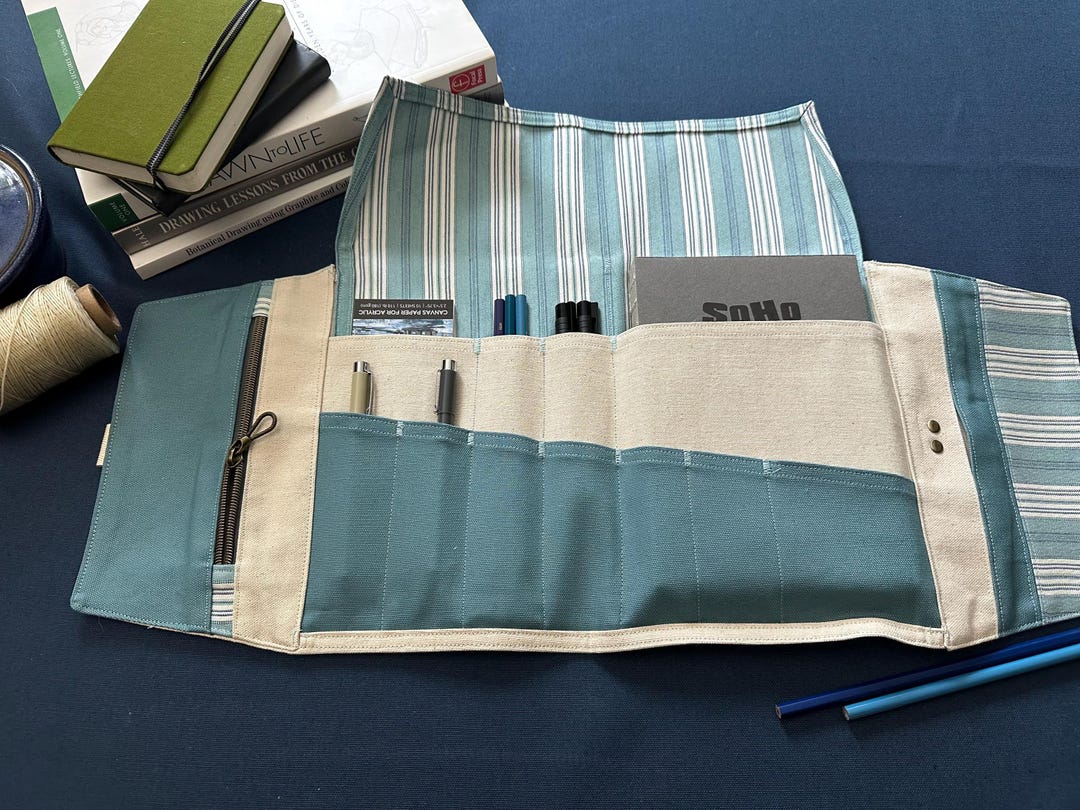 Artist Travel Case – A5 Canvas Tool Roll With Zipper – Blue and Natural ...