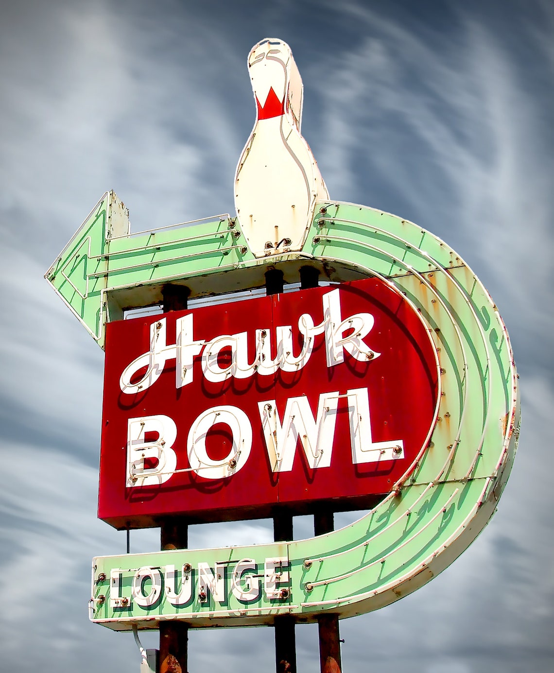 Hawk Bowl Lounge Vintage Neon Sign: Whitewater Wisconsin Googie Decor ...