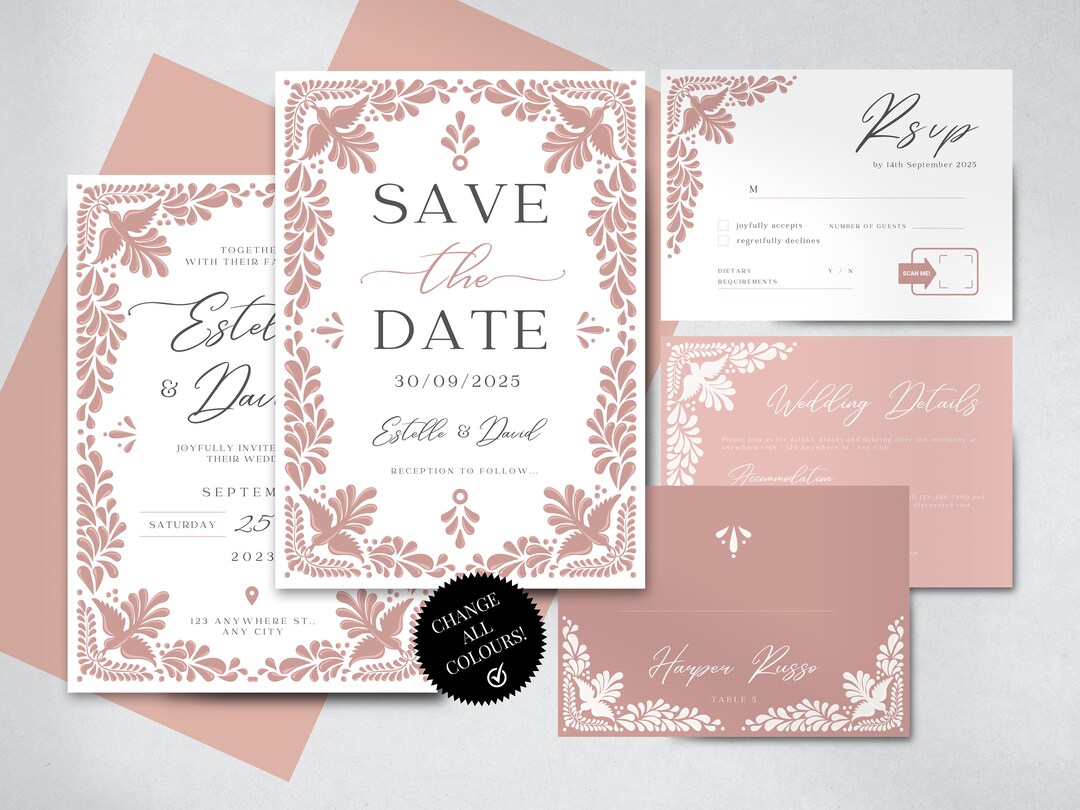 Blush Pink Talavera Wedding Invitation Template Bundle | Modern Wedding ...