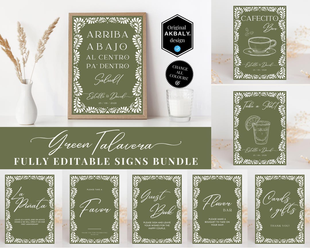 Green Talavera Sign Templates Bundle | Papel Picado Wedding Decor ...