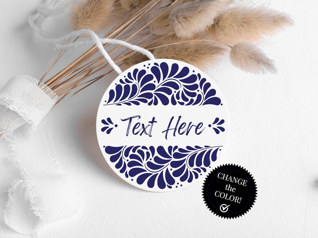 Mexican Talavera Label Template | Round Digital Sticker | Blue Talavera ...
