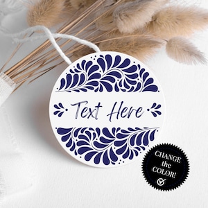 Mexican Talavera Label Template | Round Digital Sticker | Blue Talavera ...