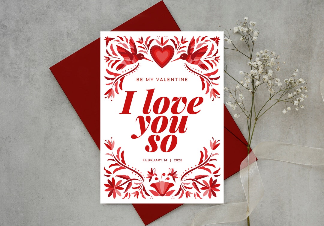 Customizable Mexican Valentine's Day Card in Shades of Red With Otomi ...